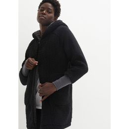 bonprix Teddy-Fleece Jacke, schwarz, Gr.48/50 (XL), Oversized Teddy-Fleecemantel mit Taschen und 2-Wege-Rei&szlig;verschluss, der inklusive der Kapuze verschlie&szlig;bar ist, aus Fleece