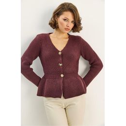 Rippstrick Langarm V-Ausschnitt Cardigan mit Kn&ouml;pfen