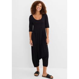Jumpsuit bonprix "Jumpsuit mit Haremshose aus nachhaltiger Viskose", Damen, Gr. 48/50 (XL), N-Gr, schwarz, Obermaterial: 95% Viskose, 5% Elasthan, unifarben, oversize 7/8-L&auml;nge, tiefer Rundhals, Overalls Jumpsuit, f&uuml;r den Alltag, Oversize-Passform, 7/8-L&auml;nge