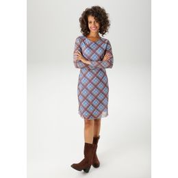 Minikleid Aniston CASUAL, Damen, Gr. 34, N-Gr, braun (dunkelbraun, braun, blau, hellblau, sand), Mesh, Obermaterial: 95% Polyester, 5% Elasthan. Futter: 100% Polyester, kariert, figurbetont kniefrei, Rundhals, Babylock, Kleider Minikleid, im extravaganten Karo-Dessin
