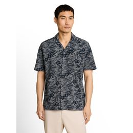 Hawaiihemd Tom Tailor, Herren, Gr. L, N-Gr, navy palm, Web, Obermaterial: 95% Baumwolle, 5% Elasthan, gebl&uuml;mt, regular fit h&uuml;ftbedeckend, V-Ausschnitt, abgesteppte Kante, Hemden Hawaiihemd, Kurzarm Sommerhemd im Hawaii-Look