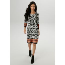 Jerseykleid Aniston SELECTED, Damen, Gr. 38, N-Gr, orange (schwarz, wollwei&szlig;, terra), Jersey, Obermaterial: 85% Viskose, 10% Polyester, 5% Elasthan, bedruckt, gemustert, figurumspielend kniefrei, Rundhals, Kleider Jerseykleid, mit ansprechender Ornamentmusterung