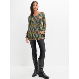 Langarmshirt Inspirationen "Shirt", Damen, Gr. 44, apfel, aquapetrol, bedruckt, 95% Viskose, 5% Elasthan, gemustert, V-Ausschnitt, Shirts Langarmshirt