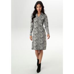 Jerseykleid Aniston SELECTED, Damen, Gr. 36, N-Gr, schwarz-wei&szlig; (schwarz, sanftes wei&szlig;), Jersey, Obermaterial: 67% Polyester, 31% Viskose, 2% Elasthan, Jacquardmuster, gemustert, figurumspielend knieumspielend, V-Ausschnitt, Kleider Jerseykleid, mit trendiger Jaquardmusterung