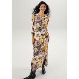 Maxikleid Aniston CASUAL, Damen, Gr. 36, N-Gr, bunt (gelb, zartgelb, malve, altrosa, rose, olivgr&uuml;n, hellgr&uuml;n, dunkelgr&uuml;n, marine, hellblau, schwarz, braun), Web, Obermaterial: 100% Viskose, bedruckt, gebl&uuml;mt, figurumspielend kn&ouml;chelfrei, Rundhals, Kleider Maxikleid, mit Bl&uuml;tendruck im Batik-Look- jedes Teil ein Unikat