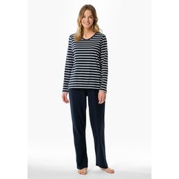 Schlafanzug Schiesser "Casual Essentials", Damen, Gr. 42, blau (804, nachtblau), Single Jersey, Obermaterial: 100% Baumwolle, gestreift, unifarben, bequem lang, V-Ausschnitt, Homewear-Sets Schlafanzug, Baumwolle, V-Ausschnitt, lang&auml;rmelig
