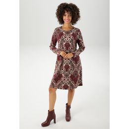 A-Linien-Kleid Aniston CASUAL, Damen, Gr. 36, N-Gr, rot (hellbeige, bordeaux, dunkelbraun), Jersey, Obermaterial: 75% Polyester, 25% Viskose, Jacquardmuster, A-Linie kniefrei, Rundhals, Kleider, mit extravagantem Ornament-Muster