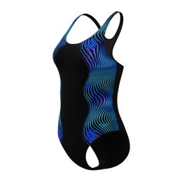 Badeanzug Speedo "ENG PRINT MEDALIST", Damen, Gr. 42, N-Gr, schwarz (blk), Obermaterial: 100% Polyester, Badeanz&uuml;ge Badeanzug