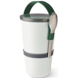 Lunchbox BLACK+BLUM, gr&uuml;n (olive), B:12cm H:20cm L:12cm, Kunststoff, Lebensmittelaufbewahrungsbeh&auml;lter, Lunchbox, 2-in-1, mit Tragegurt und G&ouml;ffel (Gabel-L&ouml;ffel-Kombination), 900 ml