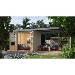 Gartenhaus Karibu "Jupiterino 2 SET, in verschiedenen Farben", wassergrau, graualuminium, ohne Fu&szlig;boden, Blechdach, Massivholz, Gartenh&auml;user, Gartenhaus, inkl. Anbaudach, Made in Germany