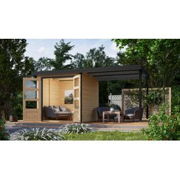 Gartenhaus Karibu "Jupiterino 2 SET, in verschiedenen Farben", naturbelassen, anthrazit, ohne Fu&szlig;boden, Blechdach, Massivholz, Gartenh&auml;user, Gartenhaus, inkl. Anbaudach, Made in Germany
