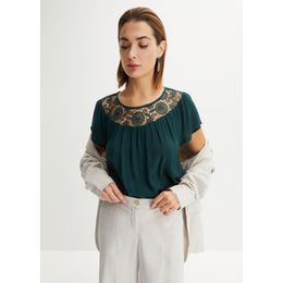 Kurzarmbluse bonprix "Bluse aus reiner Viskose", Damen, Gr. 54, gr&uuml;n (tiefgr&uuml;n), Cr&ecirc;pe, Obermaterial: 100% Viskose, unifarben, gerade h&uuml;ftbedeckend, Rundhals, Raglan&auml;rmel, Blusen, bequeme Passform, Cr&ecirc;pe aus Viskose, mit tollem Spitzeneinsatz