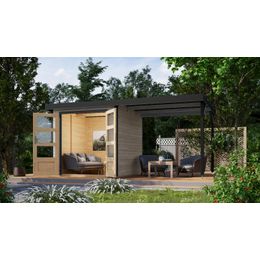 Gartenhaus Karibu "Jupiterino 2 SET, in verschiedenen Farben", wassergrau, anthrazit, ohne Fu&szlig;boden, Blechdach, Massivholz, Gartenh&auml;user, Gartenhaus, inkl. Anbaudach, Made in Germany