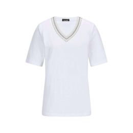 Kurzarmshirt GOLDNER "Kurzgr&ouml;&szlig;e Baumwollshirt mit edler Stickerei", Damen, Gr. 22, wei&szlig;, Obermaterial: 100% Baumwolle CO., figurumspielend, V-Ausschnitt, Shirts, dekorative Stickerei am Ausschnitt