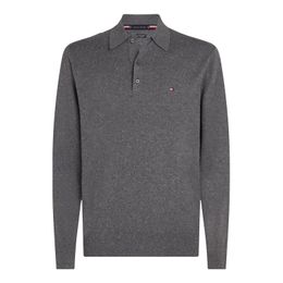 Polokragenpullover Tommy Hilfiger "PIMA ORG CTN CASHMERE LS", Herren, Gr. L, grau (medium grau heather), Strick, Obermaterial: 92% Baumwolle, 8% Kaschmir, regular fit, Pullover, Flag-Stickerei auf Brust
