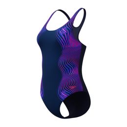 Badeanzug Speedo "ENG PRINT MEDALIST", Damen, Gr. 42, N-Gr, blau (nvy), Obermaterial: 100% Polyester, Badeanz&uuml;ge Badeanzug