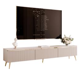 GERIFFELTER TV-Schrank SELIA 200 cm auf F&uuml;&szlig;en, Kaschmir mit goldener Zierleiste und LED-Beleuchtung
