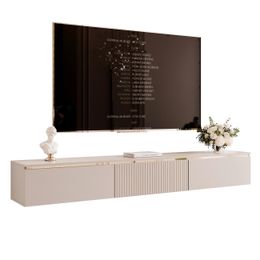H&Auml;NGENDER, geriffelter TV-Schrank SELIA 200 cm, Kaschmir mit goldener Zierleiste und LED-Beleuchtung