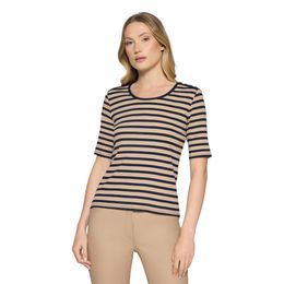 Kurzarmshirt Betty Barclay "Damen mit Rippenstruktur", Damen, Gr. 36, beige, dunkelblau, Rippware, Obermaterial: 95% Baumwolle, 5% Elasthan, tailliert normal, Rundhals, Shirts