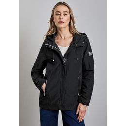 Kurzjacke Street One, Damen, Gr. 36, schwarz, Stoff, Obermaterial: 60% Polyester, 40% Nylon. Futter: 100% Polyester, unifarben, gerade normal, ohne Ausschnitt, B&uuml;ndchen, Jacken Kurzjacke, mit Kapuze mit Tunnelzugband