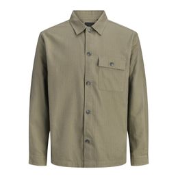 Jack & Jones Langarmhemd JACK & JONES "JPRBLATYLER HERRINGBONE L/S OVERSHIRT", Herren, Gr. L, N-Gr, smokey olive fit:relaxed fit, Web, Obermaterial: 43% Lyocell, 38% Baumwolle, 19% Leinen, unifarben, relaxed fit normal, Manschette, Hemden, mit Brust Tasche