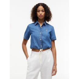 Jeansbluse Tommy Hilfiger "BOXY TIE SHIRT MIA SS", Damen, Gr. L (42/44), mia, Denim/Jeans, Obermaterial: 100% Baumwolle, unifarben, regular fit kurz, Rundhals, eingesetzt abgesteppte Kante, Blusen Jeansbluse, Baumwolle
