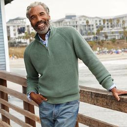 LANDS' END DRIFTER Pullover mit Rei&szlig;verschluss, Herren,  Gr&uuml;n, Baumwolle, by Lands' End