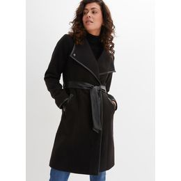 bonprix Kurzmantel in Wolloptik, schwarz, Gr.38, Modischer Mantel mit Lederimitat-Details. Innen ist der Mantel mit einem tollem Leo-Print bedruckt.