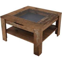 Couchtisch ByLiving "RALPH", braun (old wood (altholz, optik), old wood (altholz, optik)), B:67cm H:43cm T:67cm, Tische, Couchtisch, Artisan Eiche, Old Wood oder wei&szlig;, 1 Schubkasten, Glaseinlageplatte