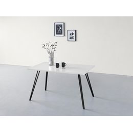 Esstisch Hela "JENN", schwarz-wei&szlig; (wei&szlig;, schwarz, schwarz, wei&szlig;), B:140cm H:76cm T:80cm, Tische, Esstisch, Hochglanz Wei&szlig; lackiert; Tischplatte fest; Gestell V-f&ouml;rmig