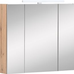 Spiegelschrank Schildmeyer "Duo", braun (eiche landhausfarben), B:80cm H:75cm T:16cm, FSC-zertifizierter Holzwerkstoff, Schr&auml;nke, Spiegelschrank, Breite 80 cm, 3-t&uuml;rig, LED-Beleuchtung, Schalter-/Steckdosenbox