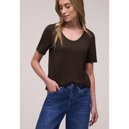 T-Shirt Street One, Damen, Gr. 34, espresso braun, Web, 50% Baumwolle, 50% Modal, unifarben, normal normal, V-Ausschnitt, abgesteppt, Shirts T-Shirt, mit abgerundetem V-Ausschnitt