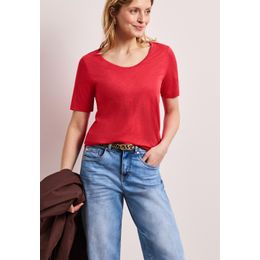 V-Shirt Street One, Damen, Gr. 34, sunset rot, Web, 50% Baumwolle, 50% Modal, unifarben, gerade normal, V-Ausschnitt, B&uuml;ndchen, Shirts, mit abgerundetem V-Ausschnitt
