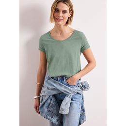 V-Shirt Street One, Damen, Gr. 34, schwarz serene gr&uuml;n, Web, 50% Baumwolle, 50% Modal, unifarben, gerade normal, V-Ausschnitt, B&uuml;ndchen, Shirts, mit abgerundetem V-Ausschnitt