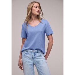 T-Shirt Street One, Damen, Gr. 36, drift blau, Web, 50% Baumwolle, 50% Modal, unifarben, normal normal, V-Ausschnitt, abgesteppt, Shirts T-Shirt, mit abgerundetem V-Ausschnitt