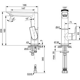 Ideal Standard WT-Armatur TESI, 5 l/min.,o.Ablgarn., m.hohem schwenkb.Ausl.,Ausld.147mm,Chrom, A6755 A6755AA