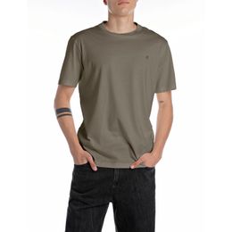 T-Shirt Replay "mit Logostickerei auf der Brust", Herren, Gr. L, gr&uuml;n (mud gr&uuml;n), Jersey, Obermaterial: 100% Baumwolle, unifarben, regular fit, Rundhals, Shirts T-Shirt