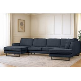Wohnlandschaft Home Affaire "Pinto, 350 cm, U-Form, XXL, mit Ottomanen", blau (rauchblau), B:350cm H:85cm T:206cm, Luxus-Microfaser in Lederoptik (100% Polyester);Cord (92% Polyester, 8% Polyamide), Sofas, Wohnlandschaft, Cord, Chenille, Lederoptik, mit Keder, Metallf&uuml;&szlig;e, Wellenunterfederung