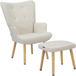 Ohrensessel OTTO HOME "PERHAM, Sessel mit Hocker im Set, Knopfheftung, Massivholz-F&uuml;&szlig;e", beige (creme), B:68cm H:99cm T:73cm, metal frame, plywood, foam, fabric, rubber solid leg, Sessel, Ohrensessel, komfortabler Relaxsessel und Sitz-Hocker mit Strukturbezug