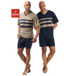 Pyjama Le Jogger, Herren, Gr. 44/46 (S), bunt (marine, beige), Jersey, Obermaterial: 100% Baumwolle, unifarben mit Farbeins&auml;tzen, Basic, bequem kurz, V-Ausschnitt, abgesteppte Kante, Homewear-Sets Pyjama, Schlafanzug mit kontrastfarbigen Eins&auml;tzen vorn