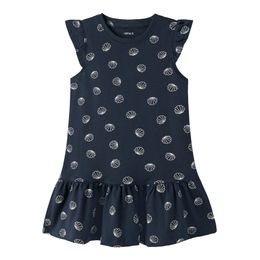 Minikleid name it "NMFVIDA CAPSL DRESS", M&auml;dchen, Gr. 116, N-Gr, blau (navy blazer aop:sea shells wei&szlig;), Jersey, Obermaterial: 100% Baumwolle, bedruckt, normal normal, Rundhals, Fl&uuml;gel&auml;rmel R&uuml;schen, Kleider Minikleid, mit Volants und im sommerlichen Alloverdruck