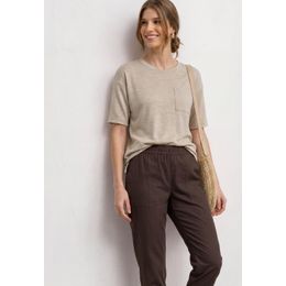 Rundhalsshirt Street One, Damen, Gr. 34, beige (clay sand), Jersey, Obermaterial: 80% Polyester, 20% Viskose, unifarben, normal h&uuml;ftbedeckend, Rundhals, abgesteppte Kante, Shirts Rundhalsshirt, Sommershirt mit Rundhals und Brusttasche/Melange-Look