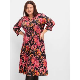 sheego Gro&szlig;e Gr&ouml;&szlig;en Druckkleid mit gesmokter Taille, Midi-L&auml;nge, schwarz-gemustert, Gr&ouml;&szlig;e 46 - Damen