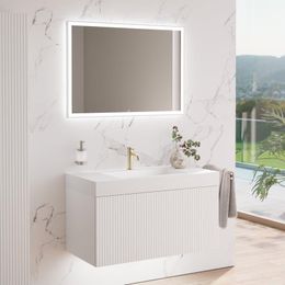 neoro n50 stripes Unterschrank B: 100 cm mit 1 Auszug, warmwei&szlig; profiliert, mit Spiegel, Waschtisch area, BN0154WM+BN0493BWM+BN0028MI,