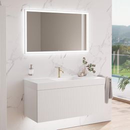 neoro n50 stripes Unterschrank B: 120 cm mit 1 Auszug, warmwei&szlig; profiliert, mit Spiegel, Waschtisch area, BN0155WM+BN0494BWM+BN0029MI,