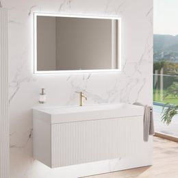 neoro n50 stripes Unterschrank B: 120 cm mit 1 Auszug, warmwei&szlig; profiliert, mit Spiegel, Waschtisch cube, BN0145WM+BN0494BWM+BN0029MI,