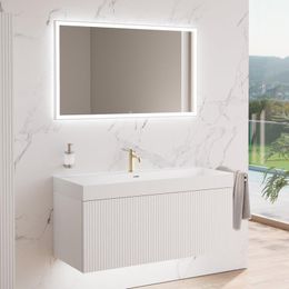 neoro n50 stripes Unterschrank B: 120 cm mit 1 Auszug, warmwei&szlig; profiliert, mit Spiegel, Waschtisch cube, BN0140WM+BN0494BWM+BN0029MI,