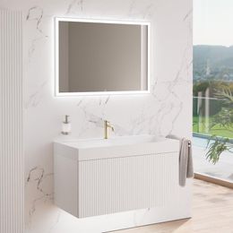 neoro n50 stripes Unterschrank B: 100 cm mit 1 Auszug, warmwei&szlig; profiliert, mit Spiegel, Waschtisch cube, BN0144WM+BN0493BWM+BN0028MI,