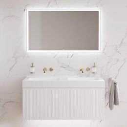 neoro n50 stripes Unterschrank B: 120 cm mit 1 Auszug, warmwei&szlig; profiliert, mit Spiegel, Doppelwaschtisch area, BN0161WM+BN0494BWM+BN0029MI,