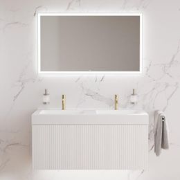 neoro n50 stripes Unterschrank B: 120 cm mit 1 Auszug, warmwei&szlig; profiliert, mit Spiegel, Doppelwaschtisch area, BN0156WM+BN0494BWM+BN0029MI,
